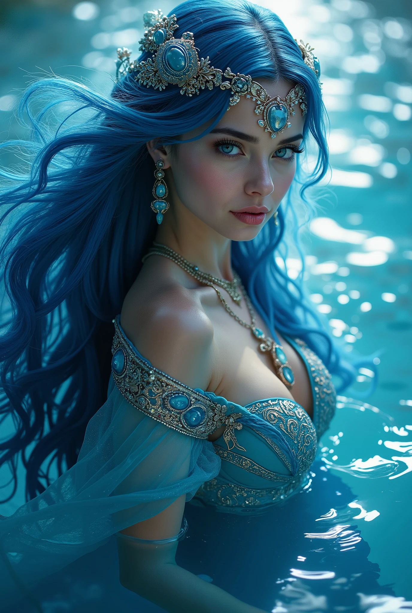 Arafed woman with blue hair and a tiable in a pool - SeaArt AI