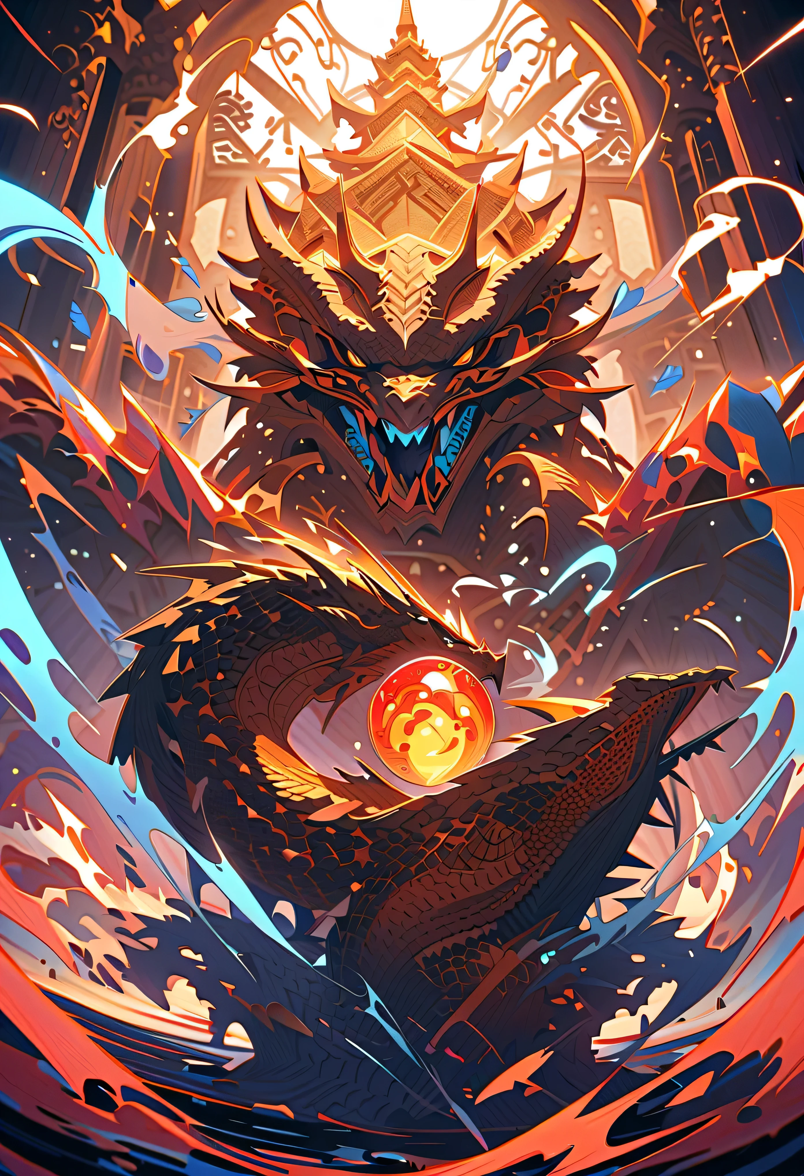 Illustration of a dragon with a fire ball in its mouth - SeaArt AI