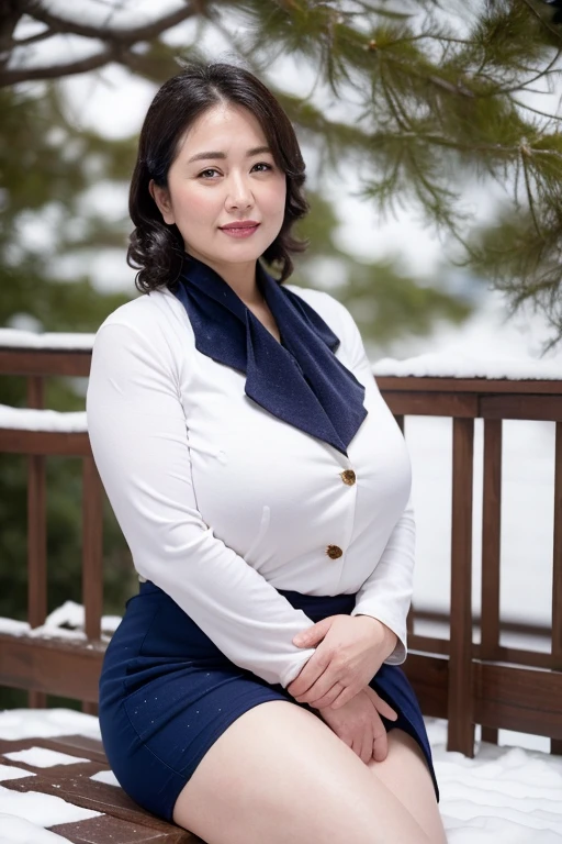 Northeast Auntie in a snowy yard， with her crossed legs accentuating ...