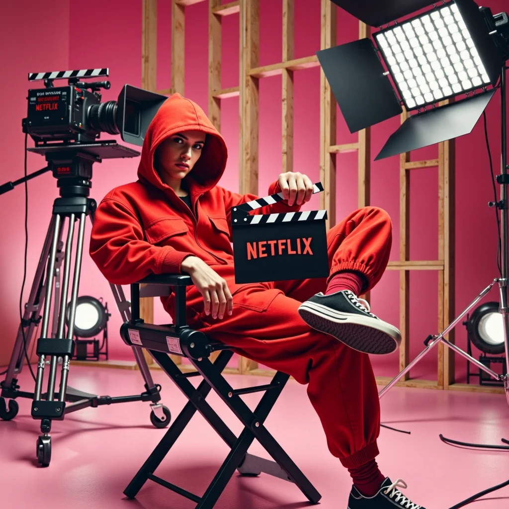 A professional film production setup featuring an individual dressed in ...