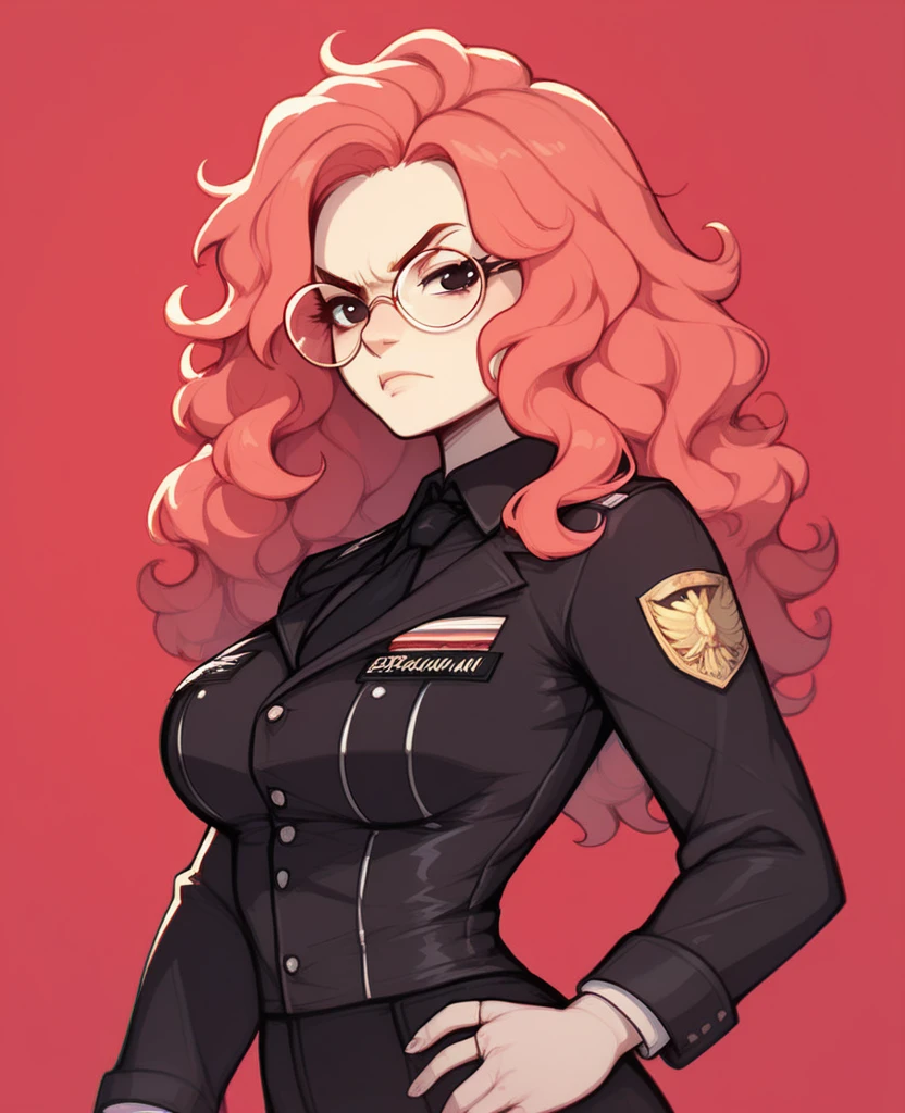 Red-haired girl with long wavy hair, black eyes and round glasses ...