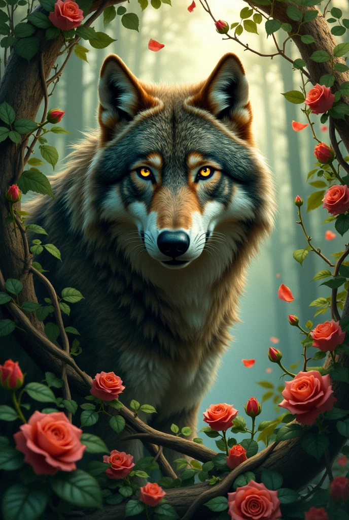 Wolf entangled in vines covered in roses in a forest - SeaArt AI