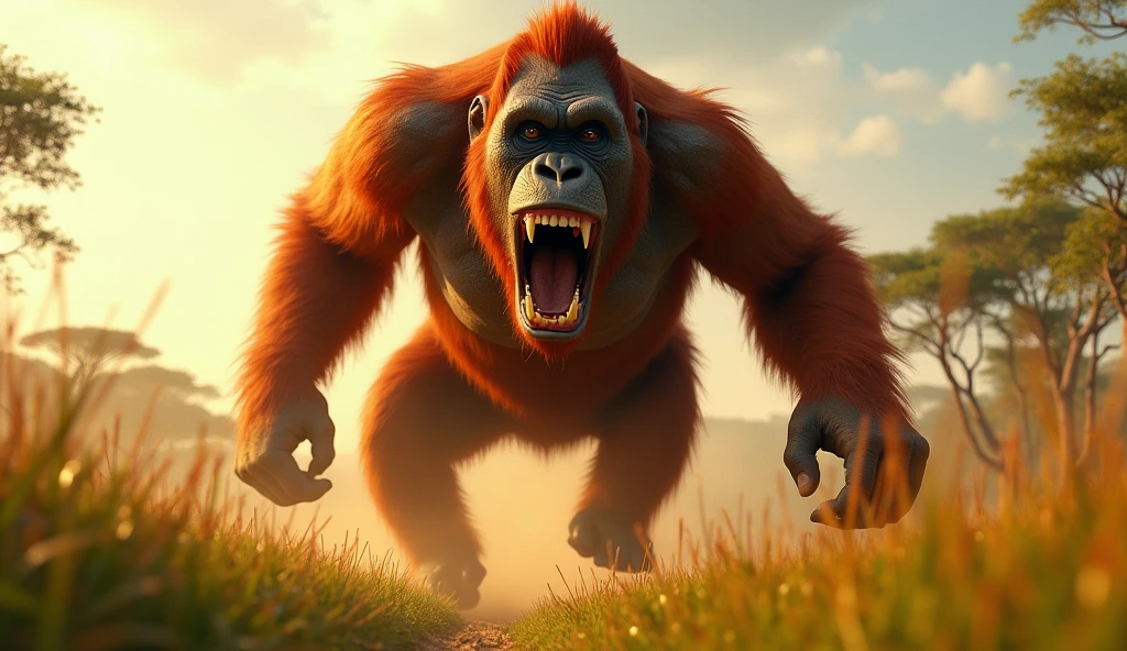 Make a real high quality image where a massive orangutan running ...