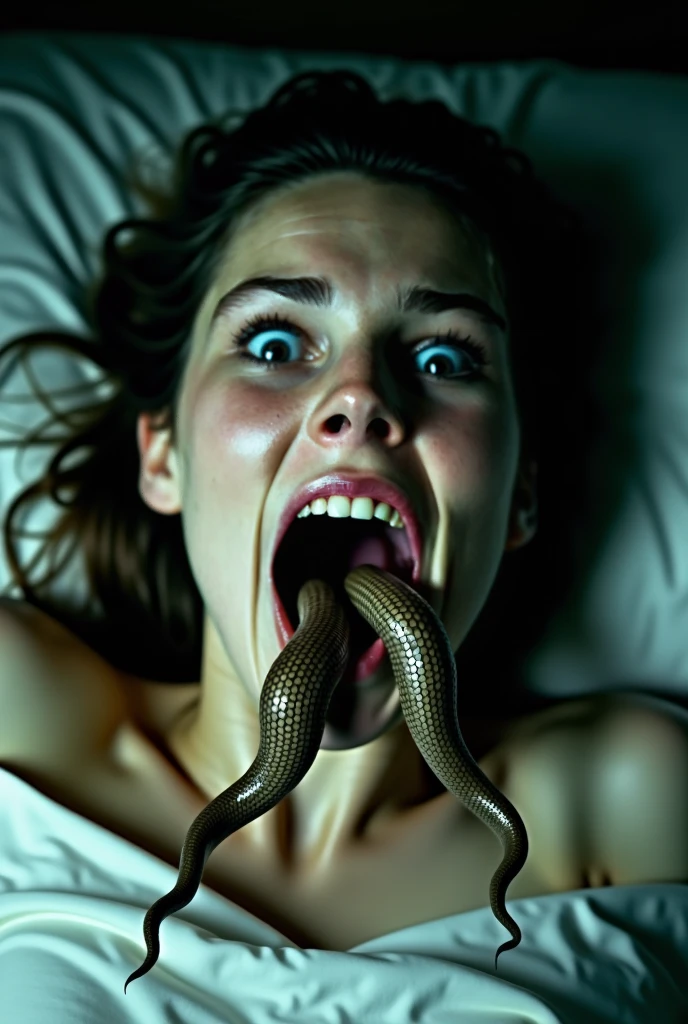 Woman lying in bed with a shocked face. Mouth wide open and snakes ...