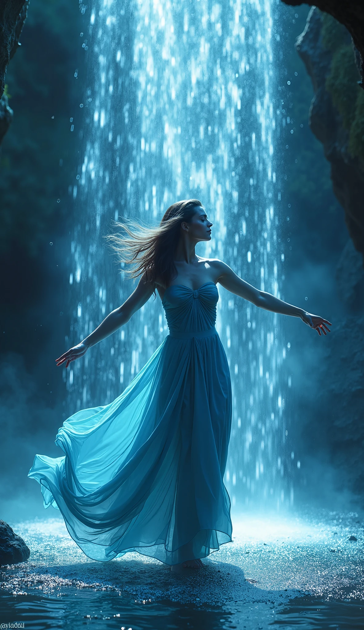 Woman in blue dress standing in front of waterfall in dark cave - SeaArt AI
