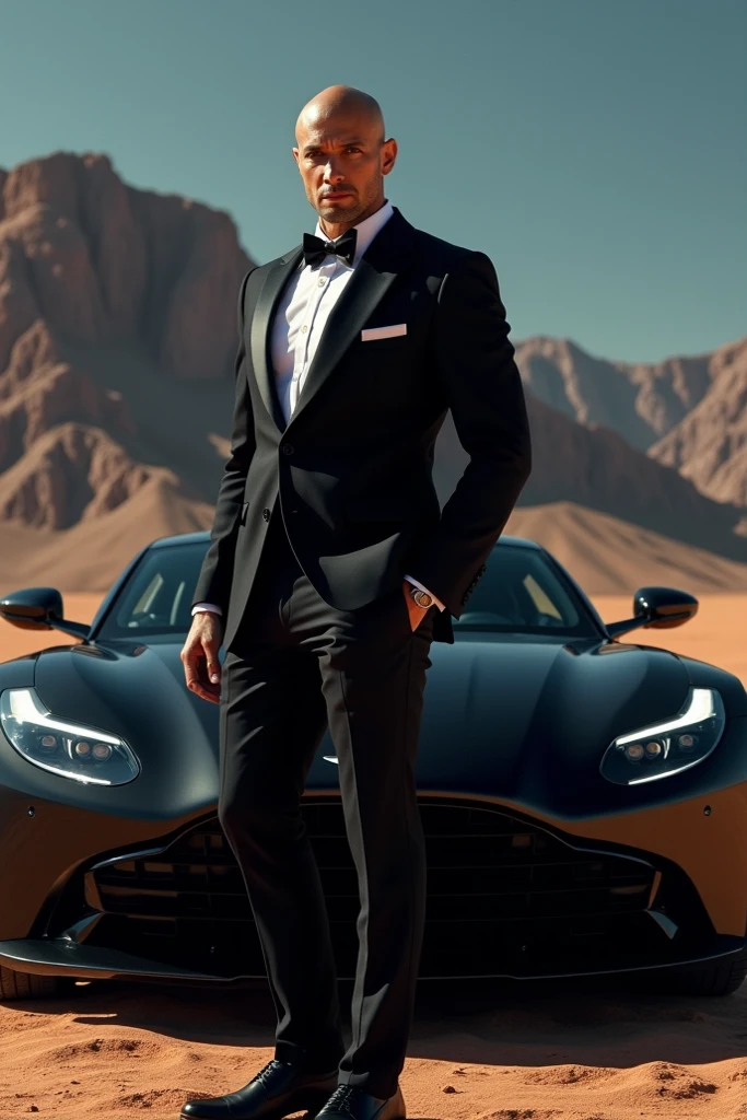 Black Bald male medium size wearing black James Bond tuxedo standing next to a 2 - SeaArt AI