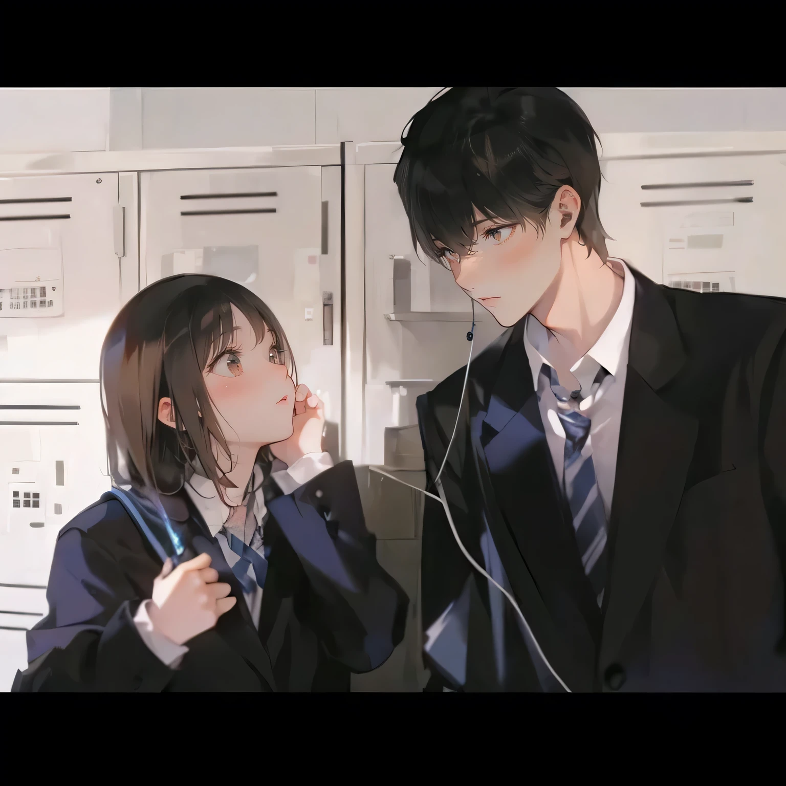 Anime couple in a locker with headphones on - SeaArt AI