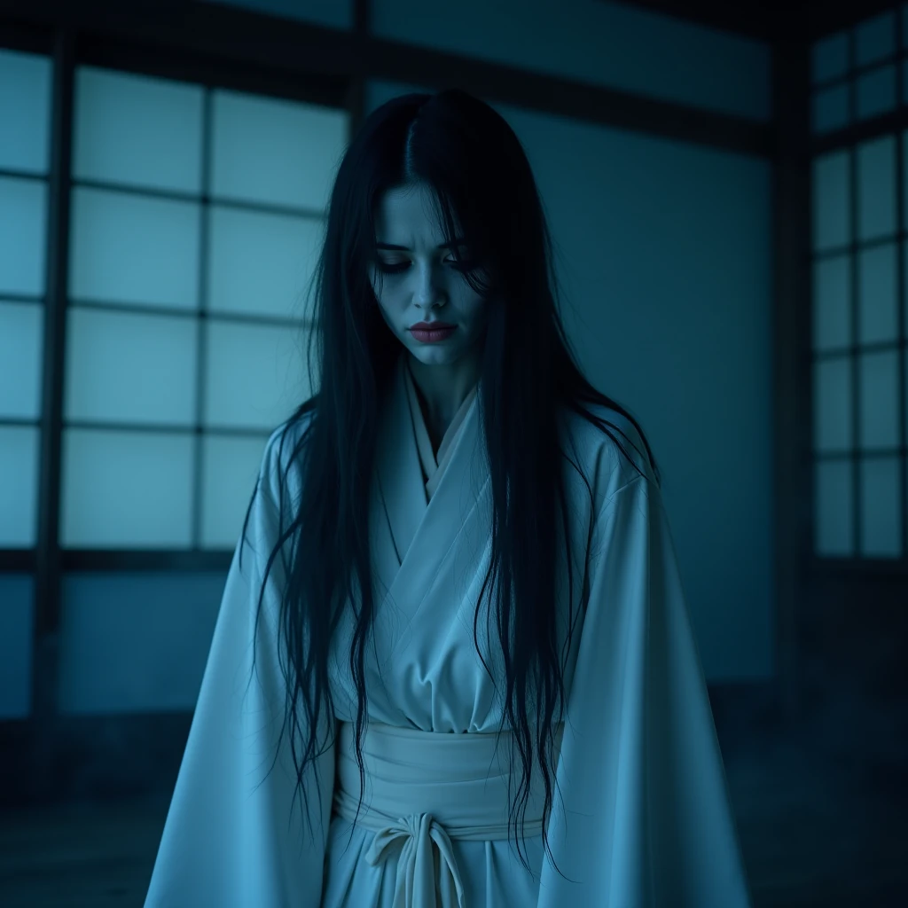 "A ghostly Japanese woman with disheveled long black hair, wearing a ...