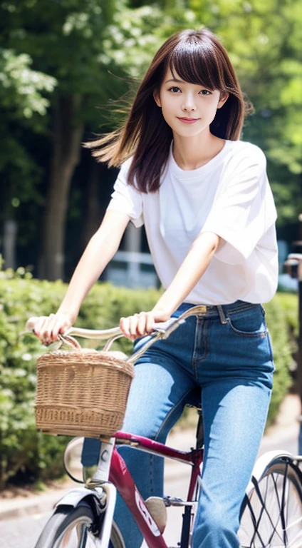 A well-styled young Japanese woman with long limbs is riding a bicycle ...