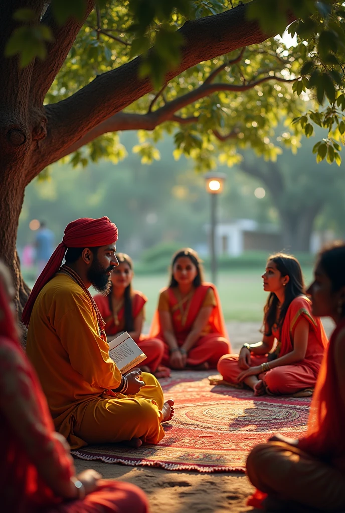 "A vibrant, traditional Indian storytelling setup with a narrator ...