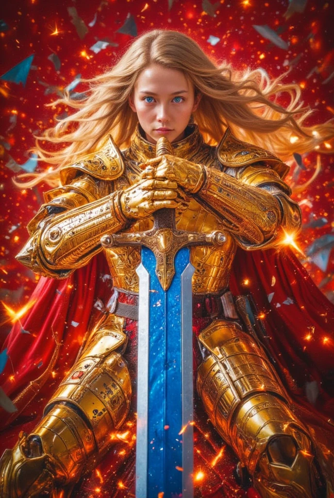 A heroic warrior in radiant golden armor, gripping a majestic sword ...