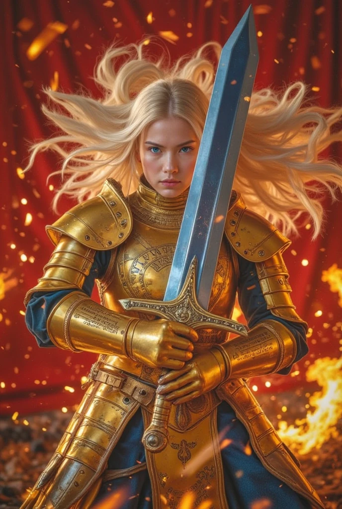 A heroic warrior in radiant golden armor, gripping a majestic sword ...