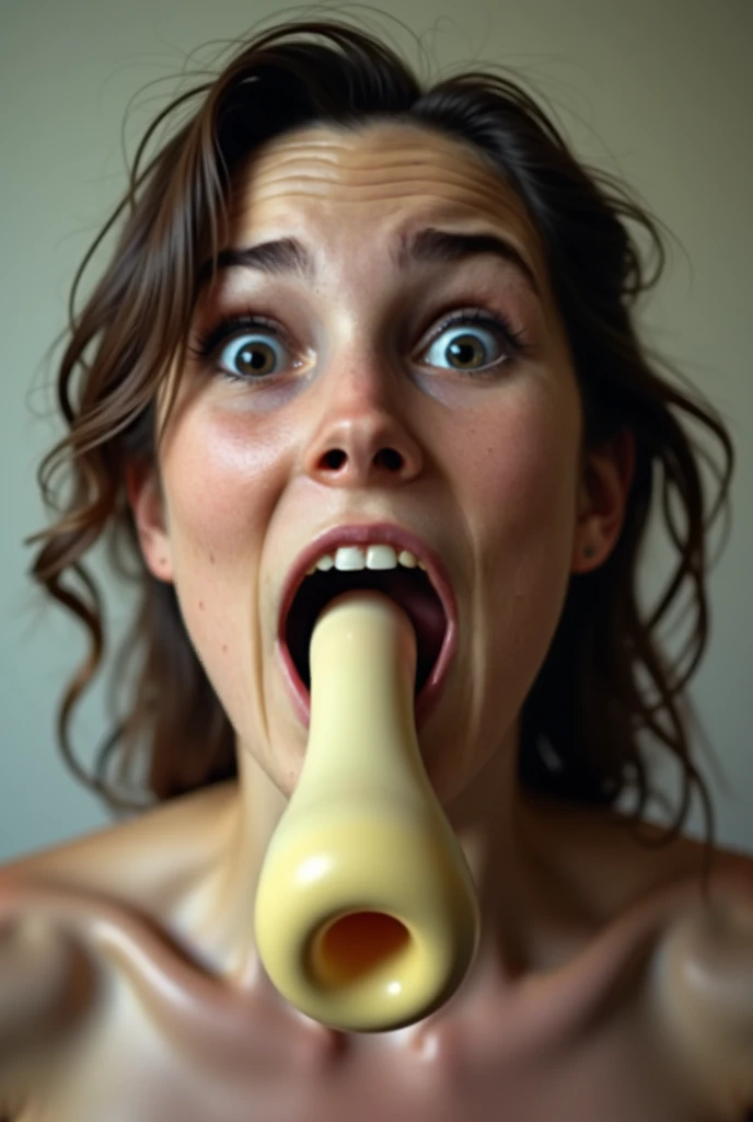 Woman with a shocked face . Mouth wide open and a thick dildoing in mouth - SeaArt AI