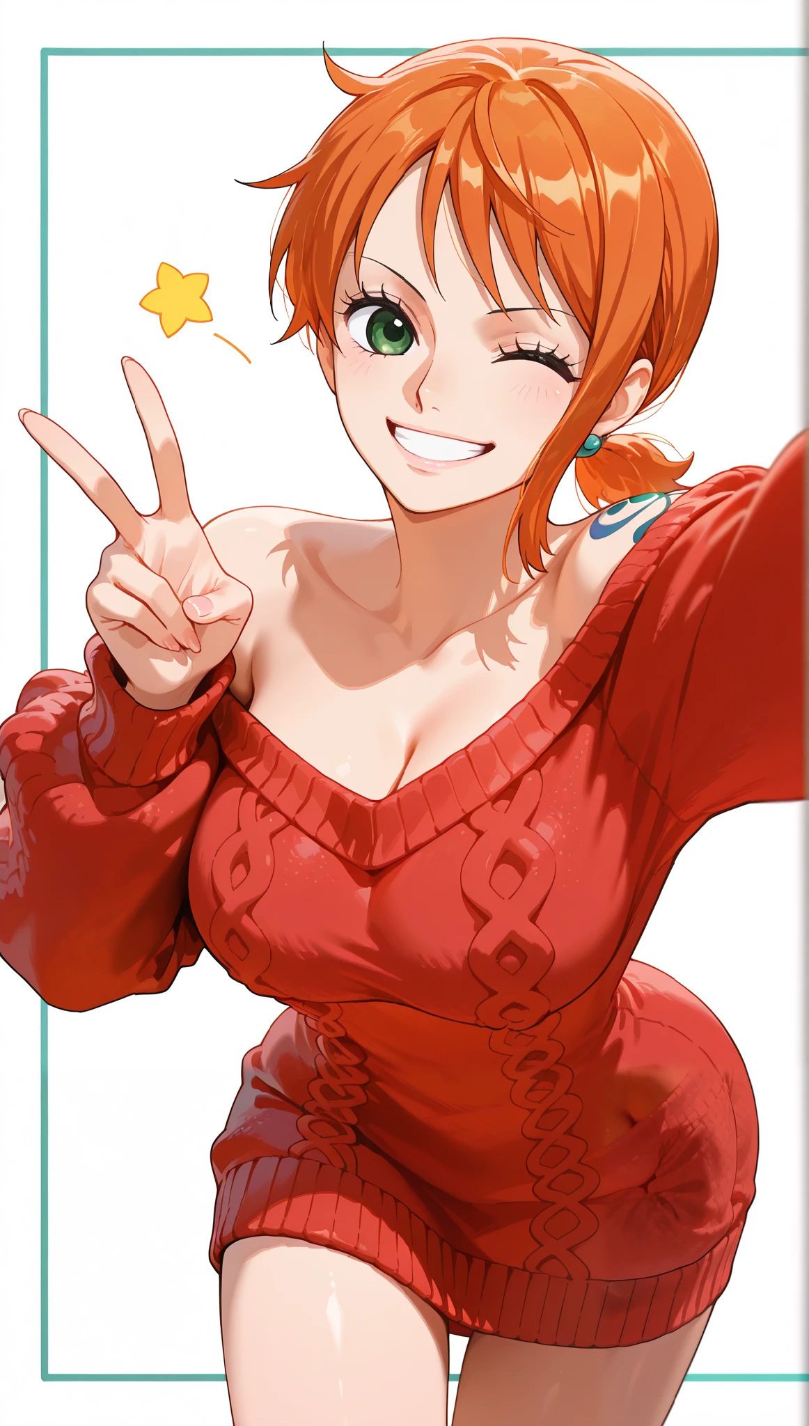 Anime girl with red hair and green eyes posing for a picture（nami (one ...