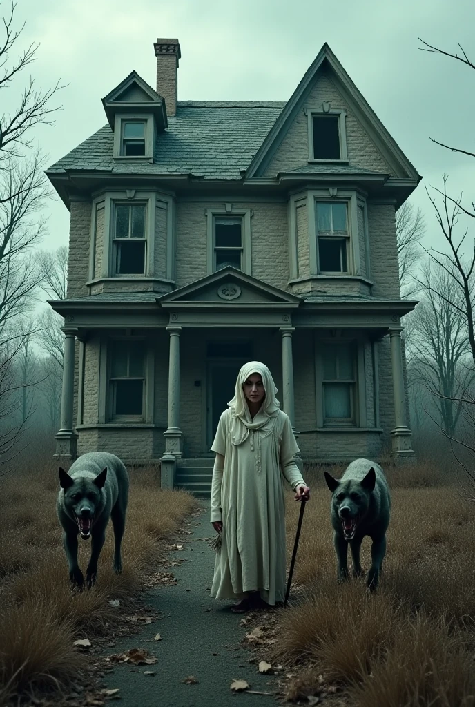 Dirty old broken house contains creepy old granny wearing white clothes ...