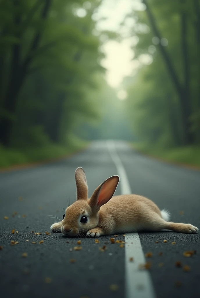 A little rabbit walking on the road and one car smashed it - SeaArt AI