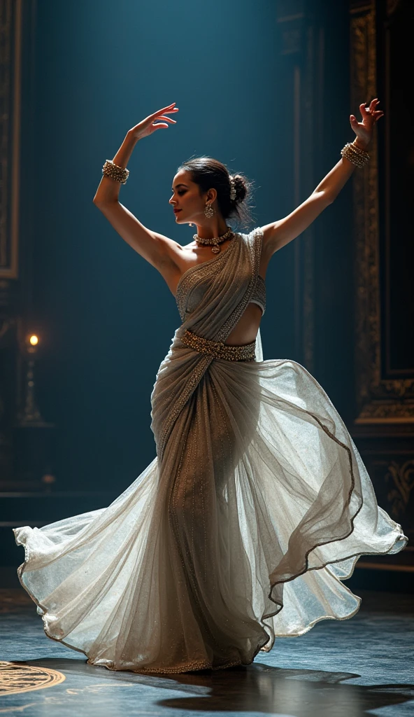 "On an exquisite stage, a beautiful woman is dancing. Her shimmering ...