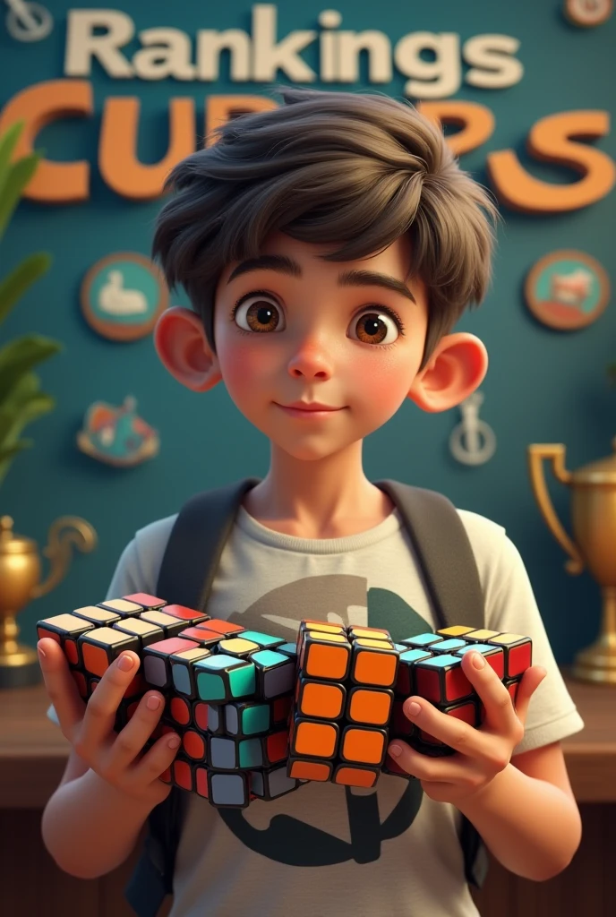 A boy holding rubix cubes and written RANKING CUBERS at back - SeaArt AI