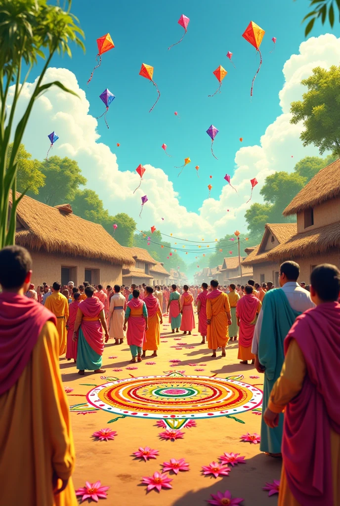 Makara sankranti festival Pongal sugar cane kites rangoli village ...