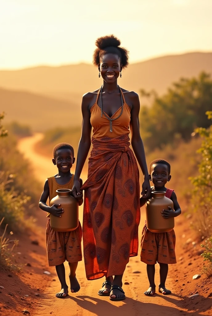 A mother in Africa fetching water with her ren - SeaArt AI