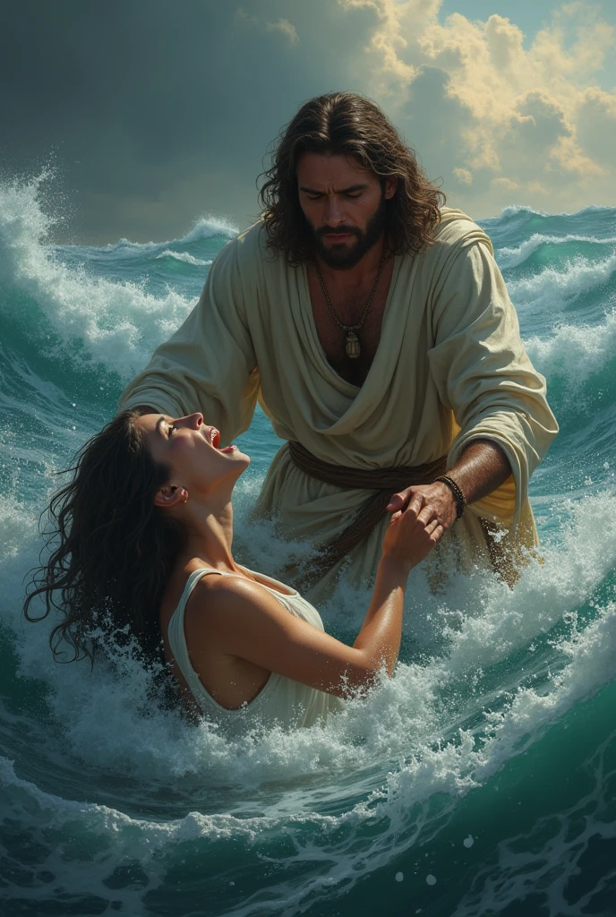 Prompt: "Jesus Saving One from the Water" She's drowning - SeaArt AI