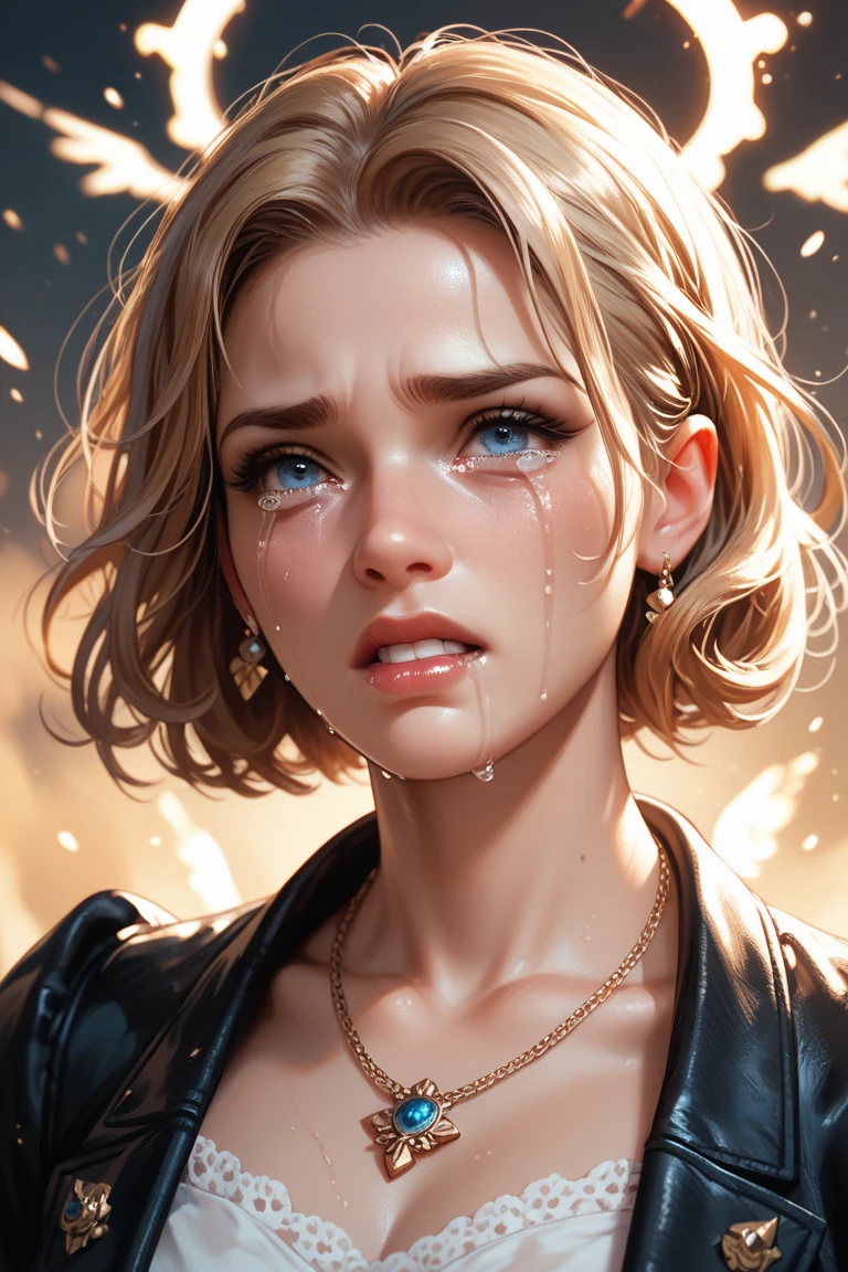 She is a fallen angel punished harshly in hell. She is crying. Hentai.