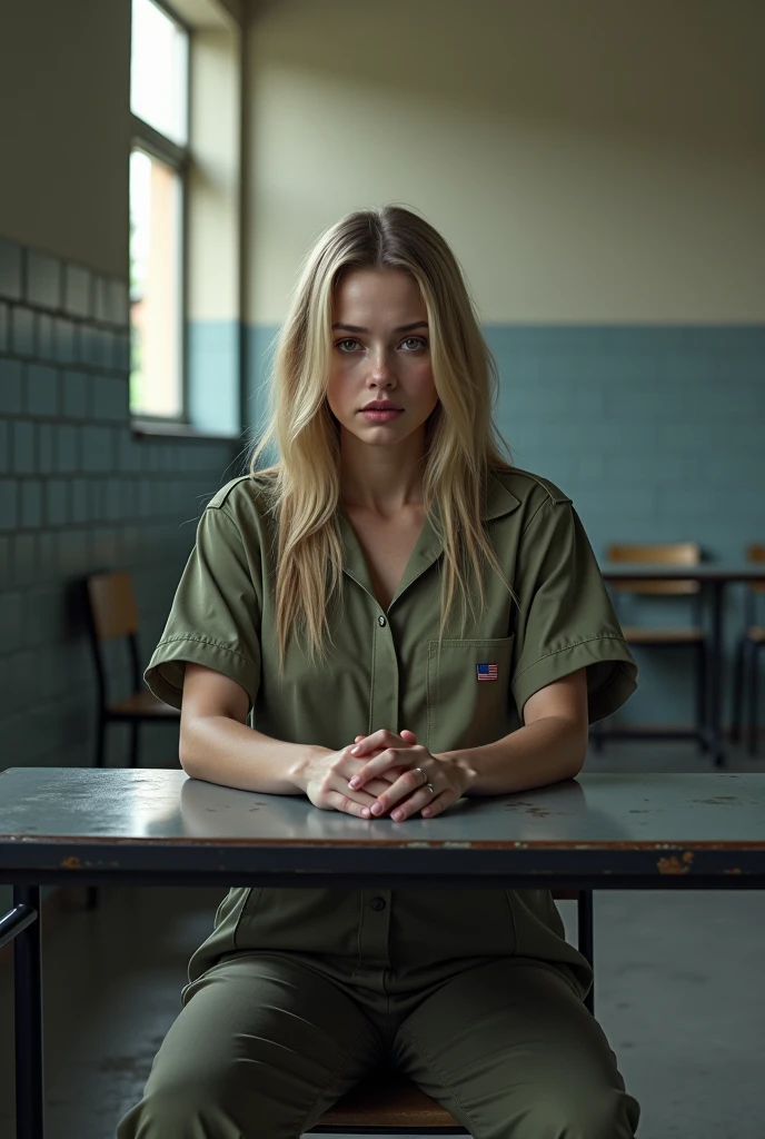 A woman with long straight blonde hair, brown eyes, a pretty face and a ...