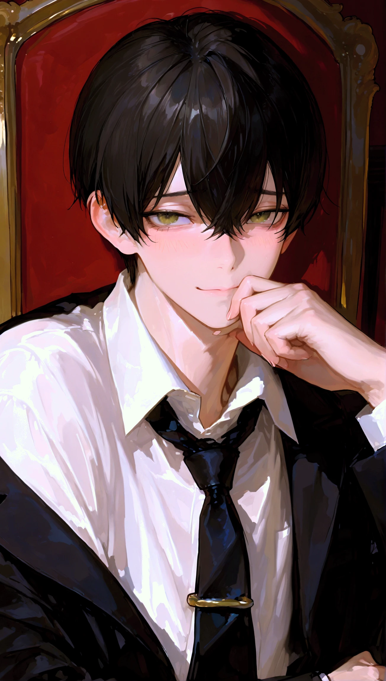 최고급 , 걸작, 748cm 스타일 , 1남, 검은 머리, 금빛 눈, 수줍은 얼굴 - SeaArt AI