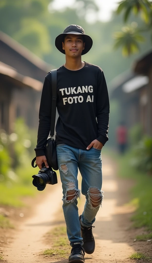 A handsome young Indonesian male photographer, short hair, wearing a ...