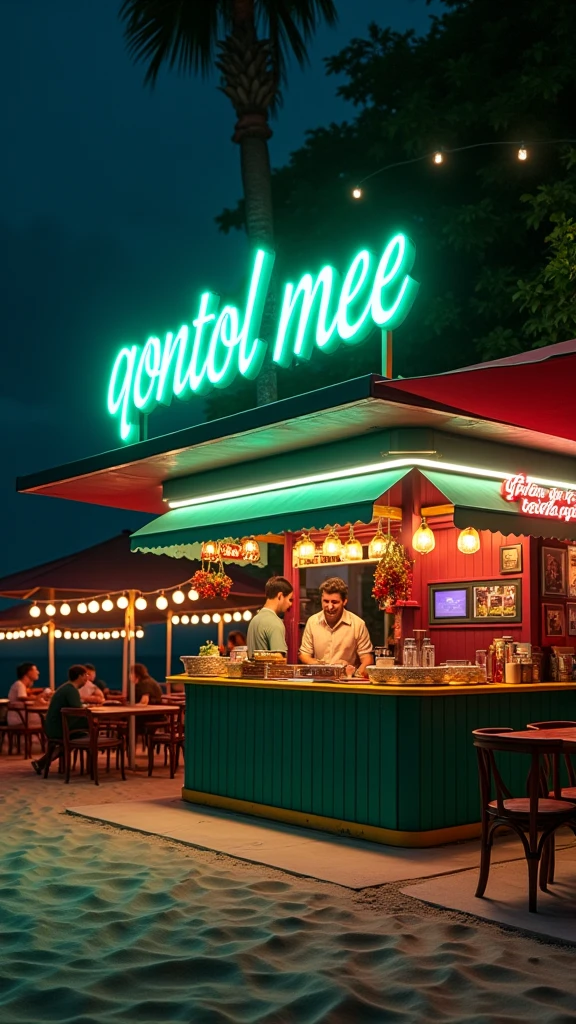 A stall with an aesthetic bold cursive name “Qontol Mee”, a bright ...
