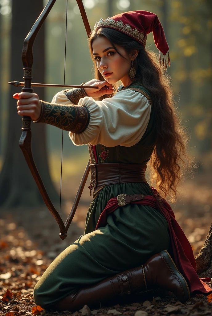 Beautiful female archer , Detailed facial features , is getting ready ...
