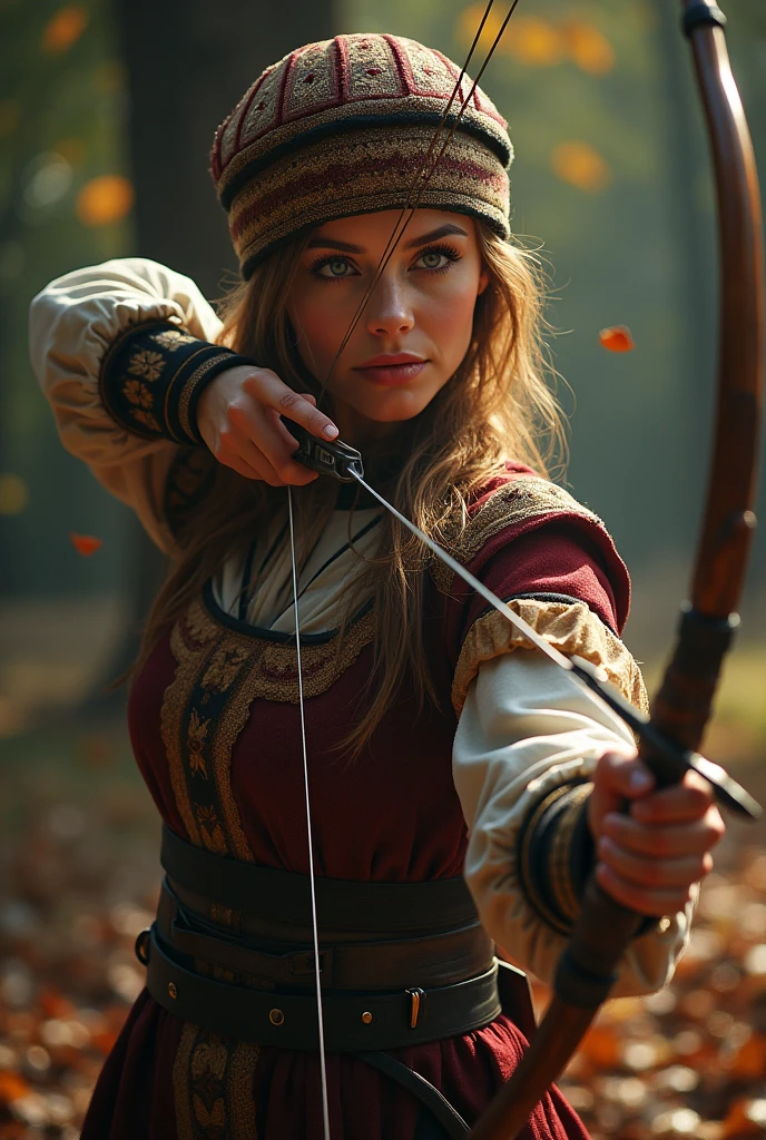 Beautiful female archer , Detailed facial features , is getting ready ...