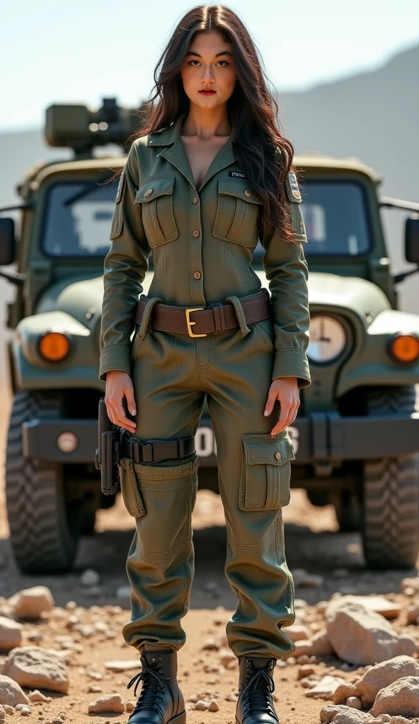 Mujer realista con uniforme militar, Soldado femenino, Jeep militar ...