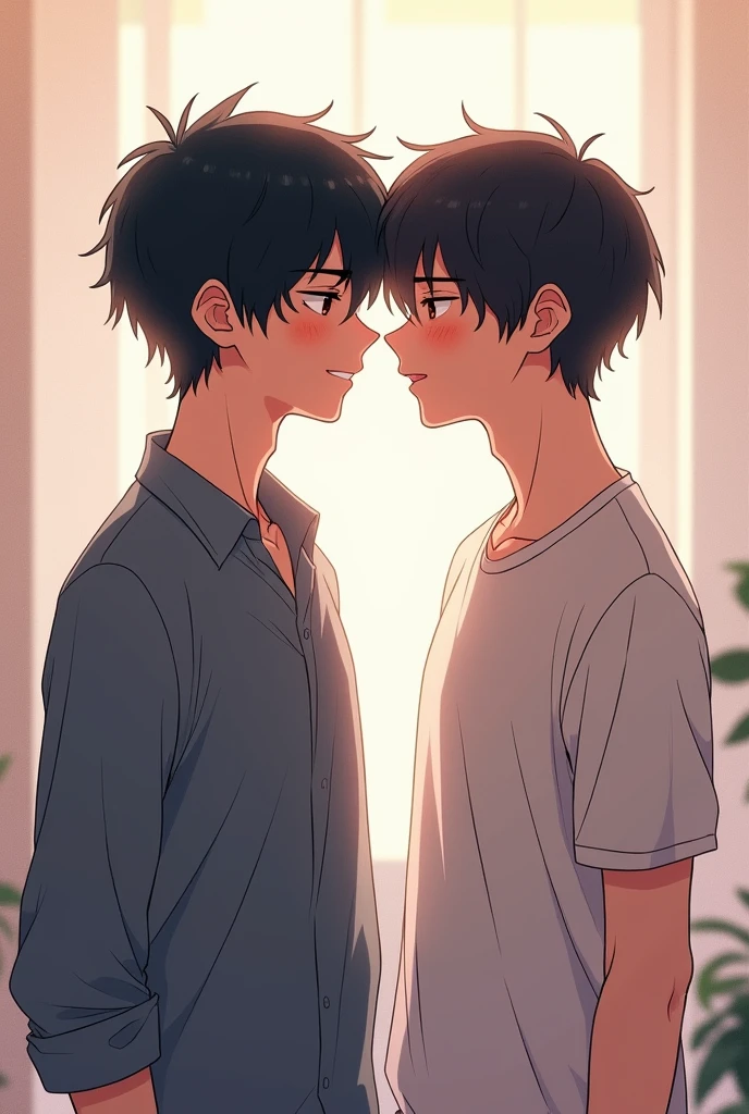 In the form of an anime, two boys standing face to face with each other ...