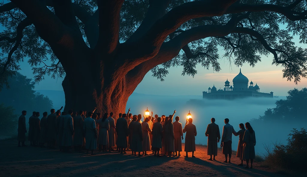 Description: A group of villagers huddled together under a large banyan ...
