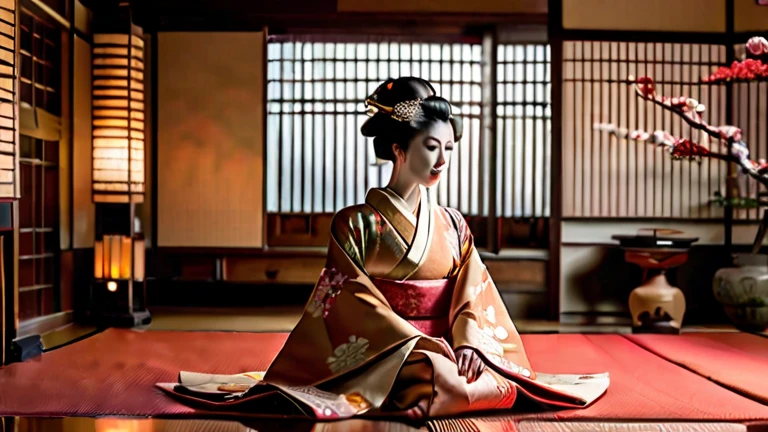 "An elegant in the foreground of a geisha profile dressed in a ...