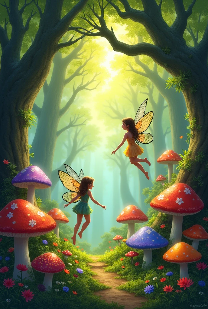 Enchanted forest drawing with fairies, colorful mushrooms and trees ...