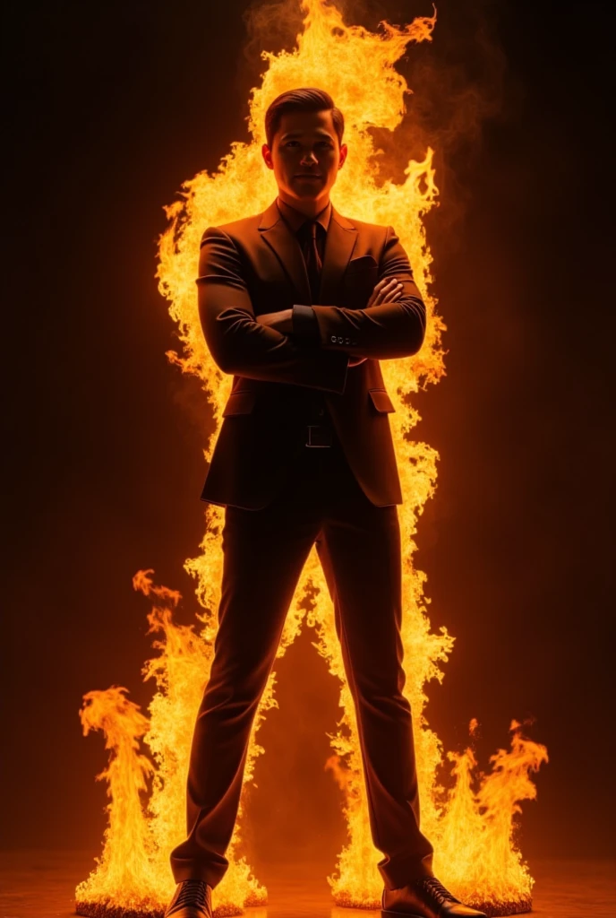 Man in a black suit 、 is clothed in flames、 arms crossed、 black ...