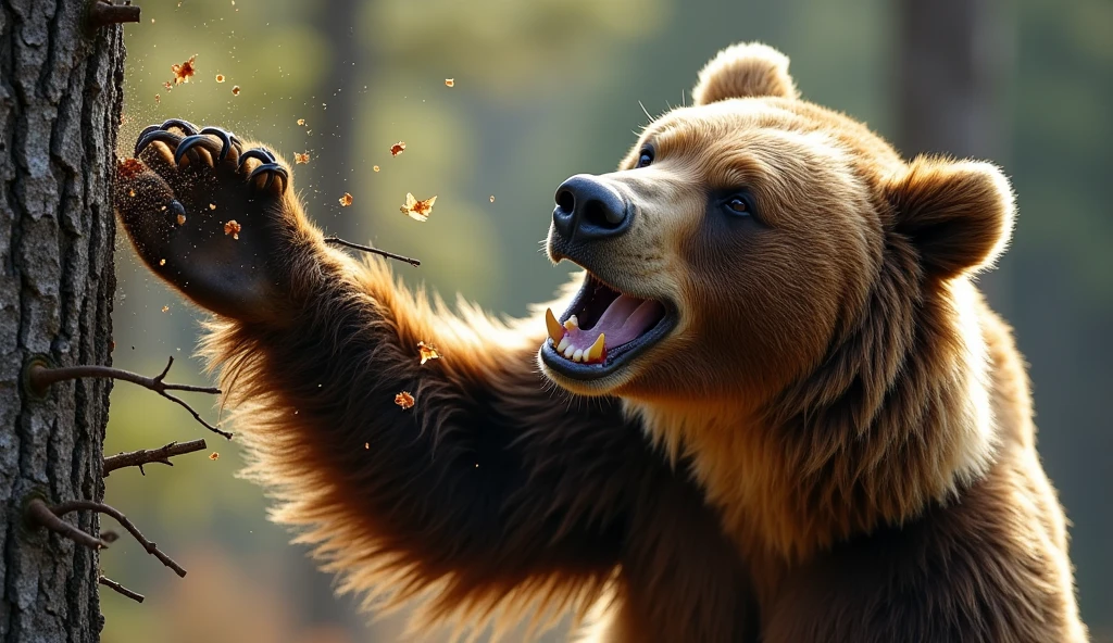 A close-up of the grizzly bear's paw swiping through the air with ...