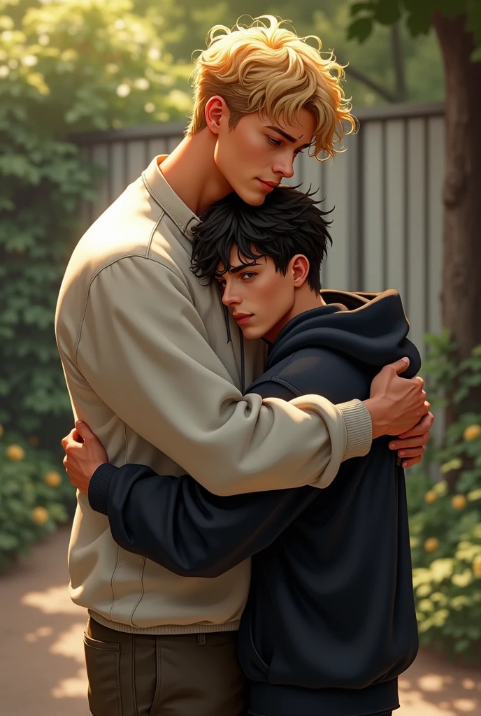Tall Curly-haired blonde guy in a white t-shirt hugs a short dark ...