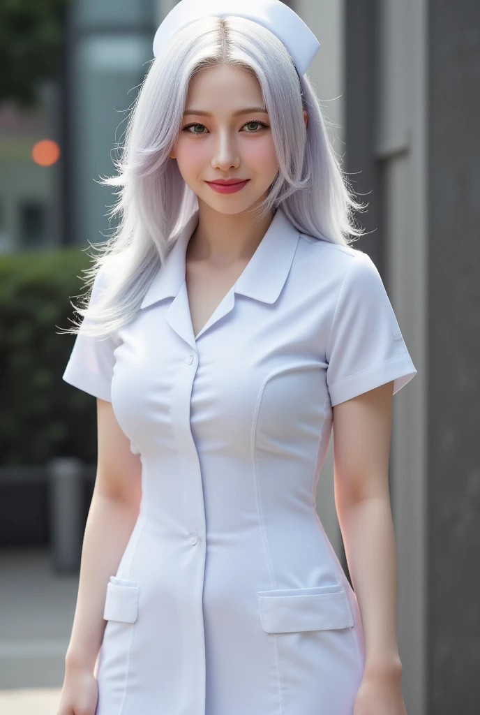 A woman , standing facing forward, whole body, using a strict nurse ...