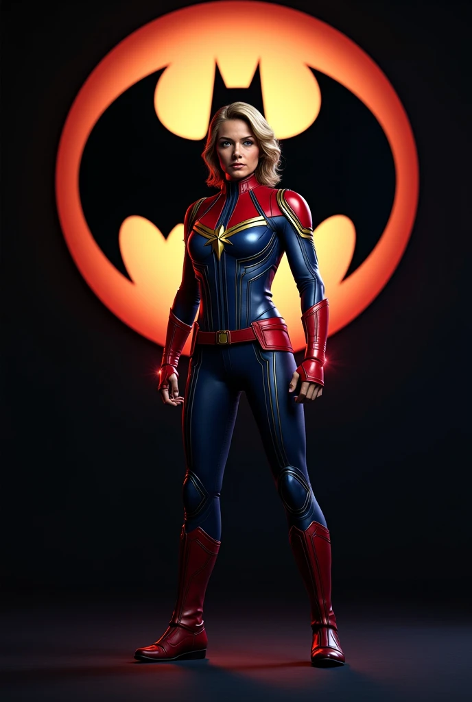 Create an image of Captain Marvel in the background, the Batman logo ...