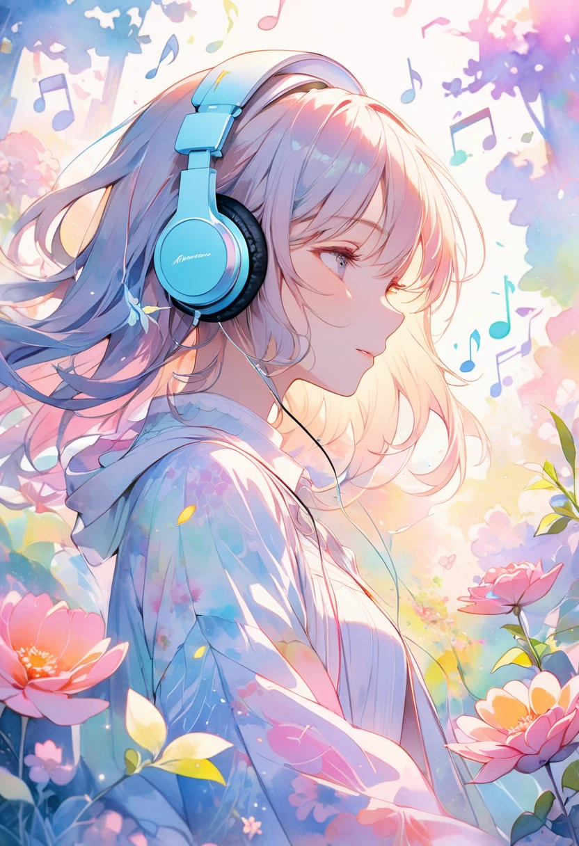 In a dreamy watercolor setting, a girl wearing headphones stands amid ...