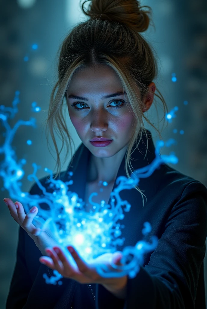 Modern witch dark blond hair tied with a bun ,With the magic of blue ...