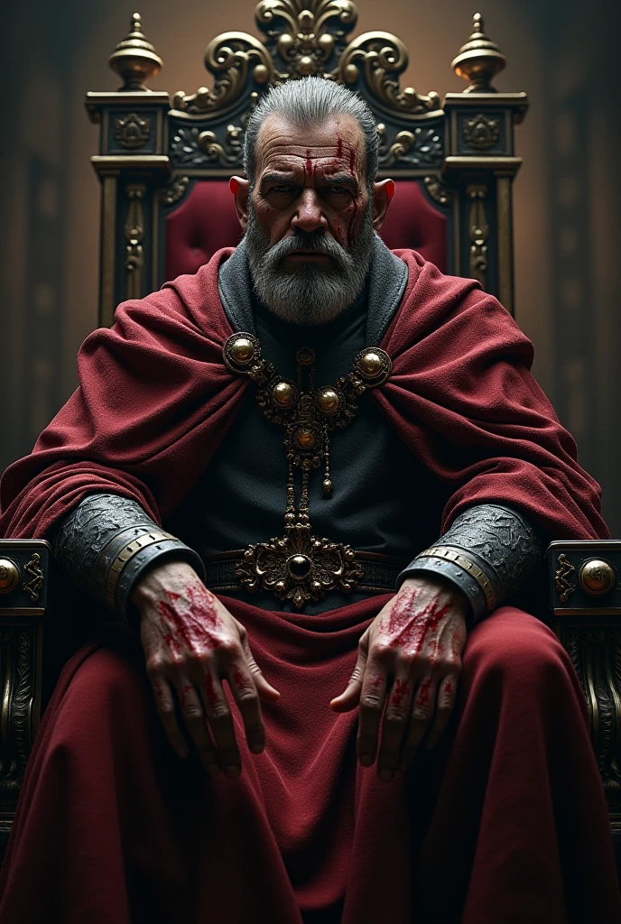 A king with throne whose hands are red he is alone and has scars on his ...
