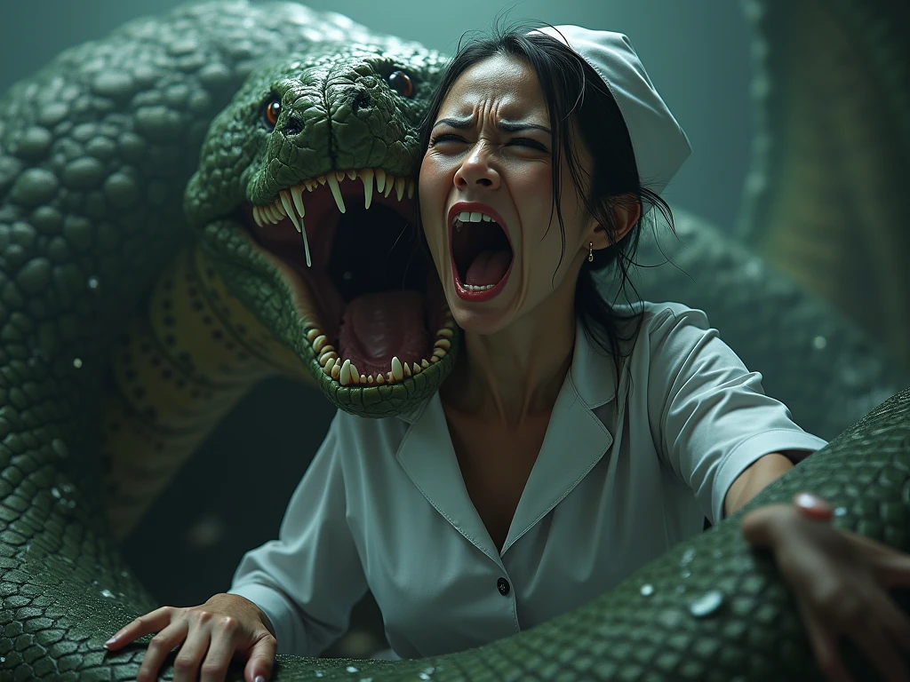 Nurse being swallowed up by a giant snake She's screaming in so much ...