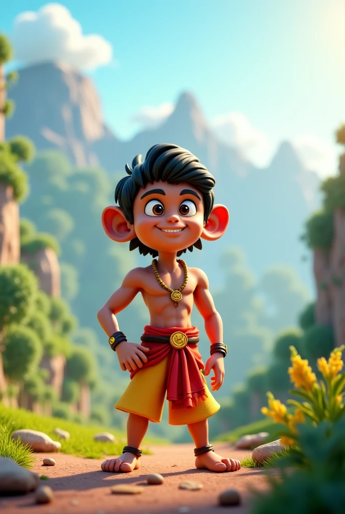 In cinematic 3d cartoon style "This moment captures Hanuman’s courage ...