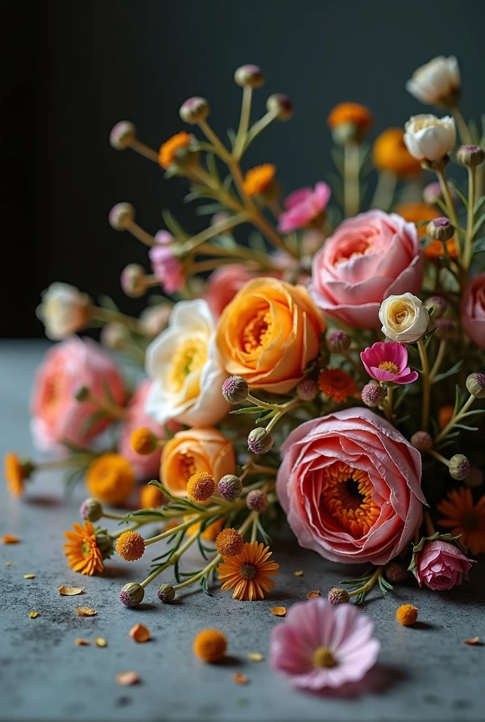 Dried or fresh flowers laid on a rough concrete surface, with partially ...