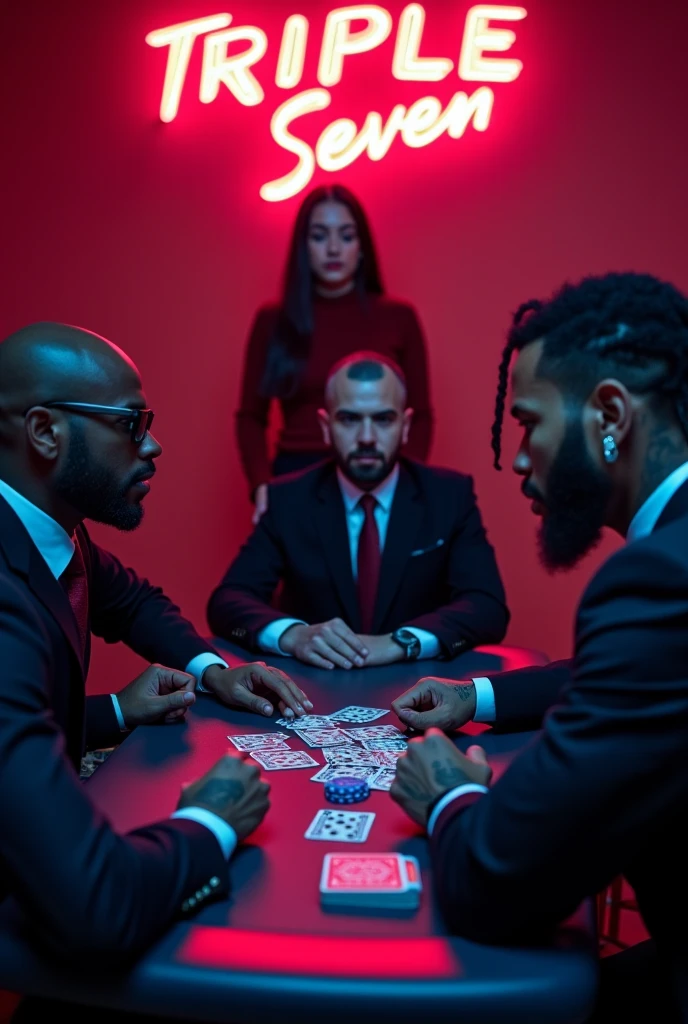 Young three men in suits playing cards on a table in a dark room ...