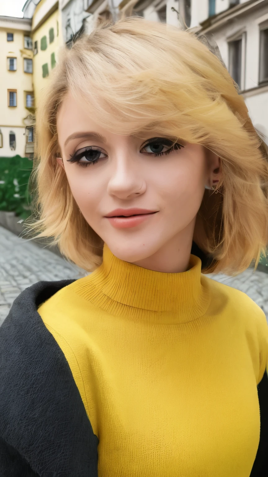 Blond woman with a yellow sweater and black sweater posing for a ...